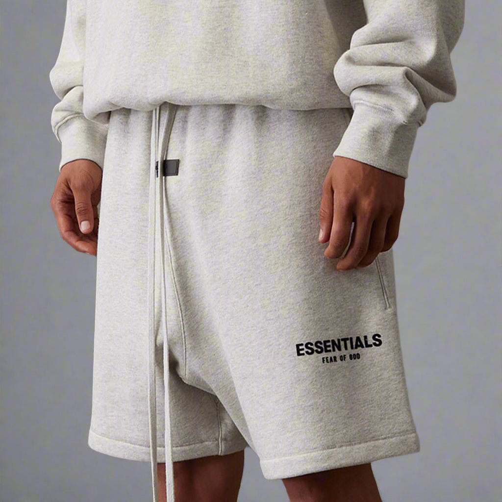 FEAR OF GOD Essentials Felt Logo Sweat Shorts Light Oatmeal | ORIGINALFOOK