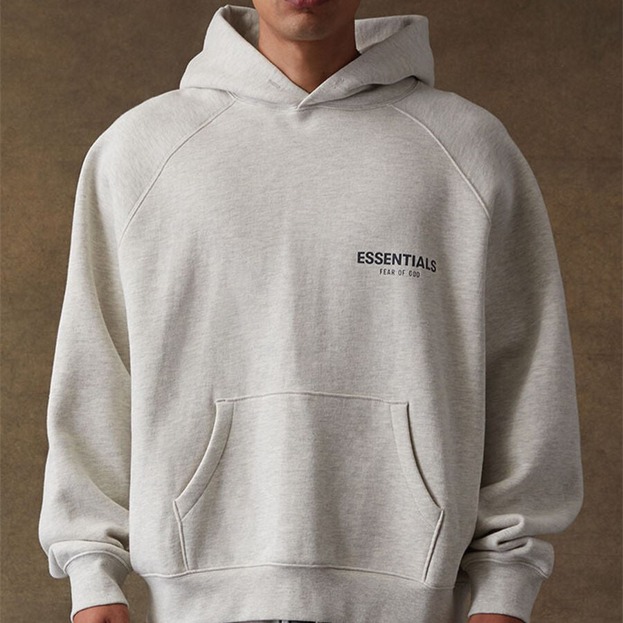 FEAR OF GOD Essentials Felt Logo Hoodie Light Oatmeal | ORIGINALFOOK